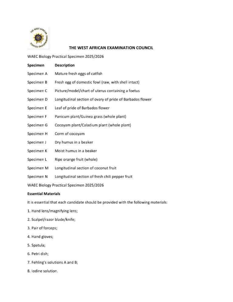 Approved WAEC Biology Practical Specimen 2025/2026
