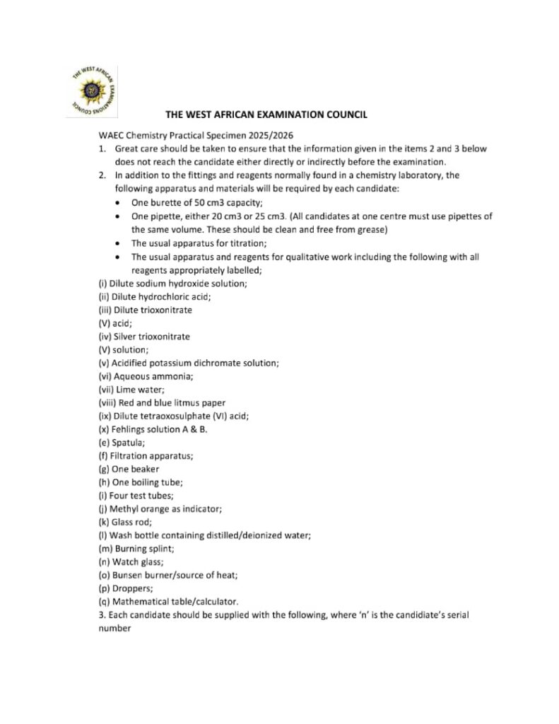 Approved WAEC Chemistry Practical Specimen 2025/2026 - My Legit School